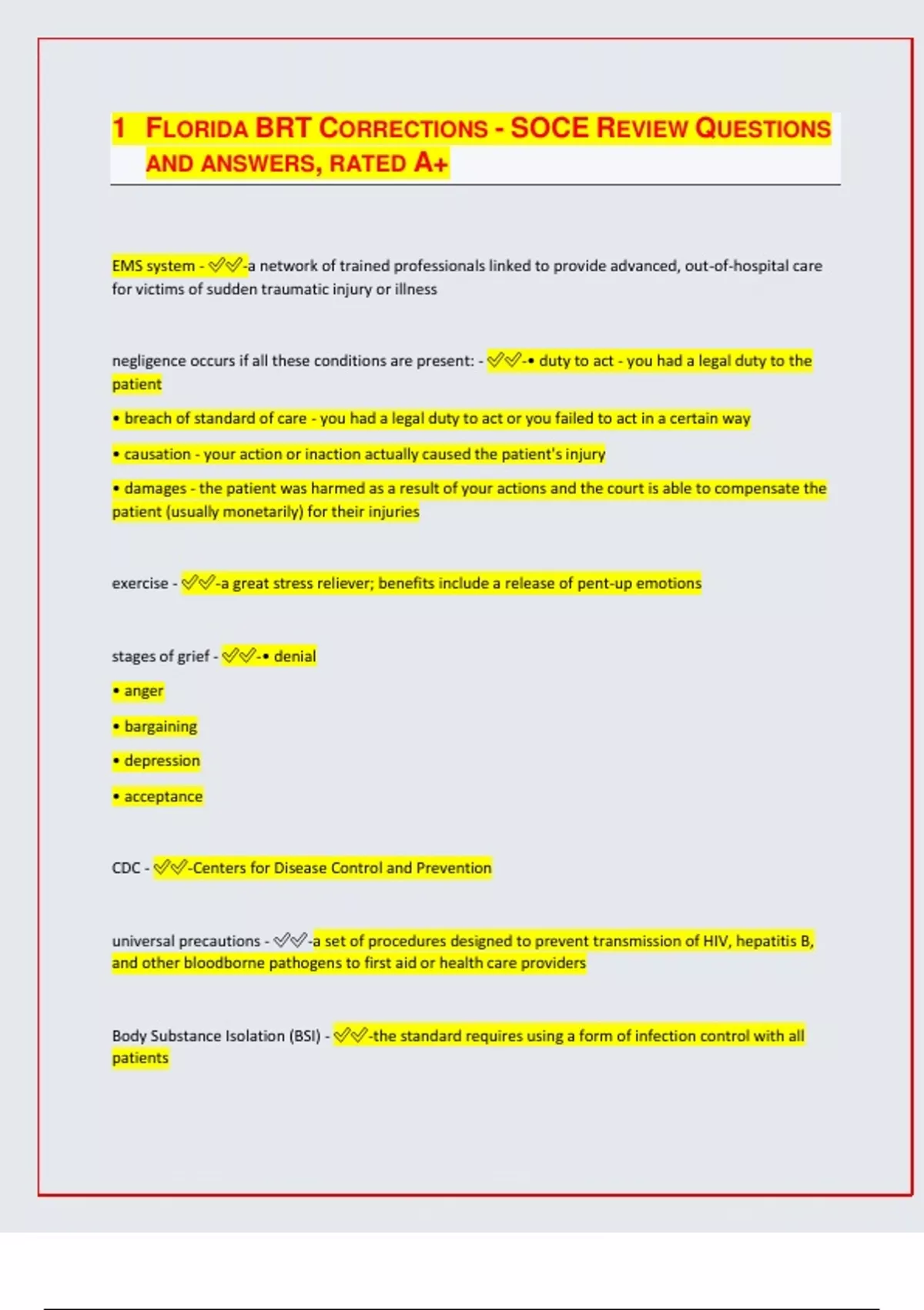 FLORIDA BRT CORRECTIONS - SOCE REVIEW QUESTIONS AND ANSWERS, RATED A+ ...