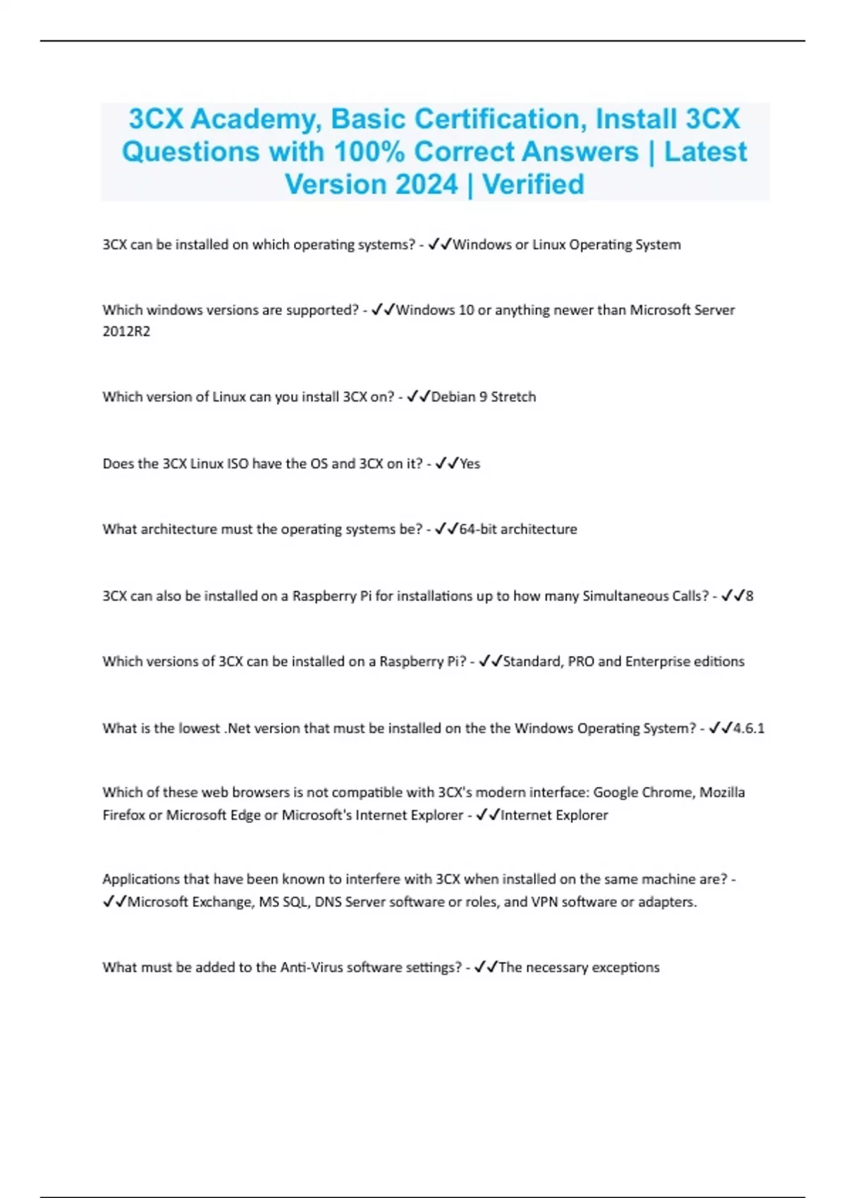 3CX Academy, Basic Certification, Install 3CX Questions with 100% ...