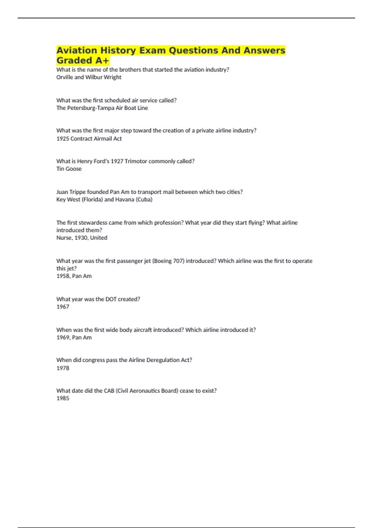 Aviation History Exam Questions And Answers Graded A+ - Aviation ...