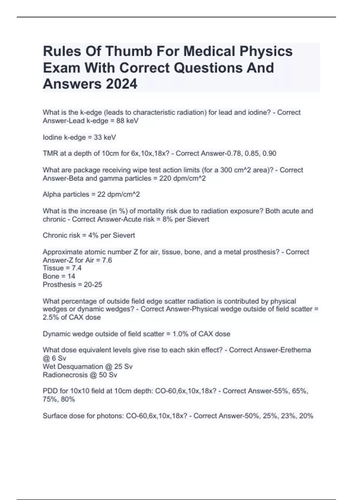 Rules Of Thumb For Medical Physics Exam With Correct Questions And ...