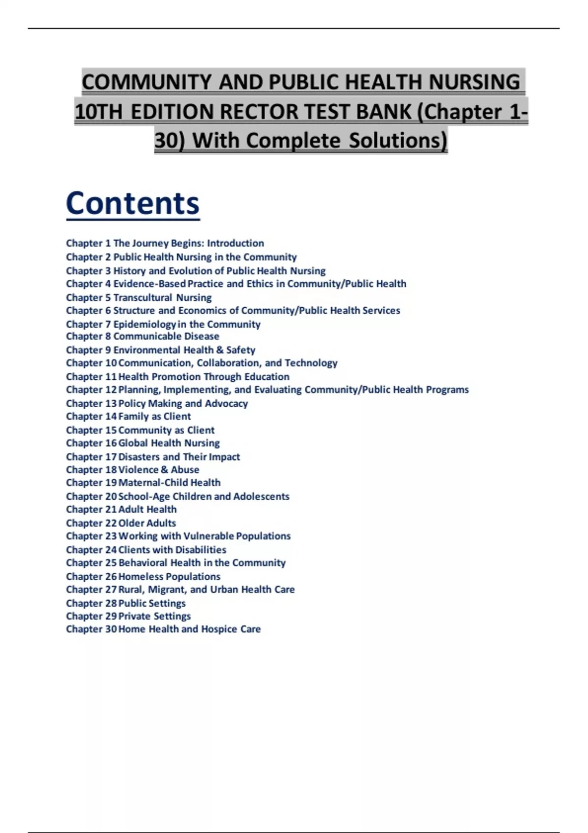 TEST BANK For COMMUNITY AND PUBLIC HEALTH NURSING 10TH EDITION, RECTOR ...