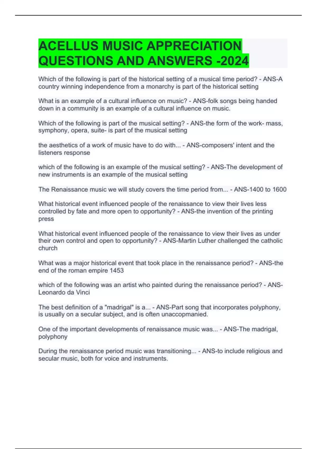 ACELLUS MUSIC APPRECIATION QUESTIONS AND ANSWERS -2024 - Acellus ...