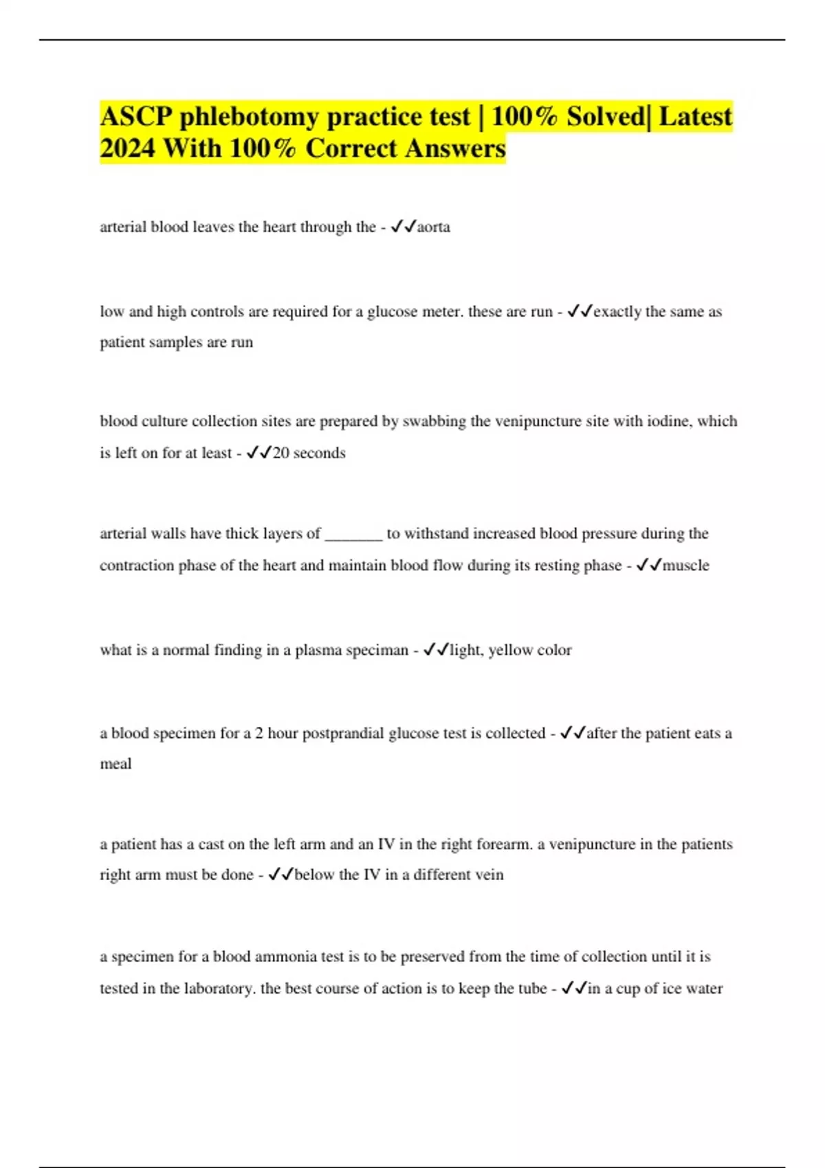 ASCP phlebotomy practice test | 100% Solved| Latest 2024 With 100% ...