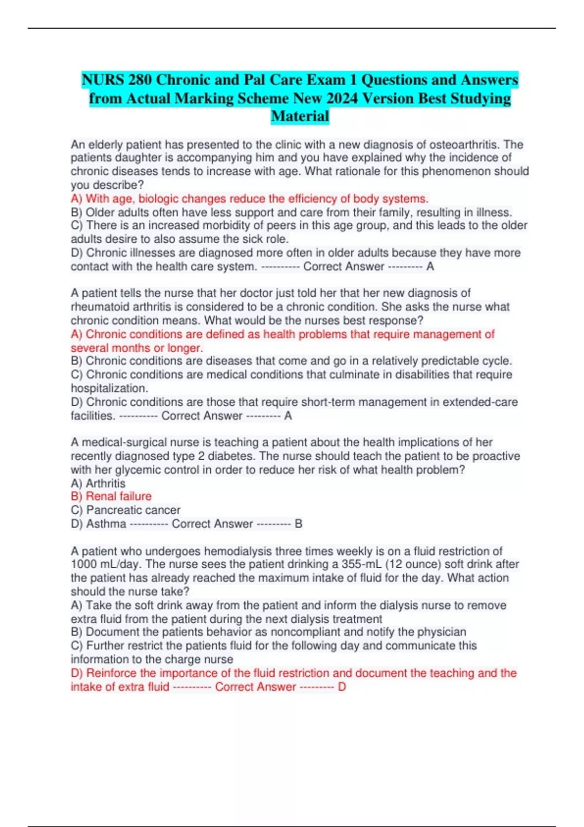 NURS 280 Chronic and Pal Care Exam 1 Questions and Answers from Actual ...