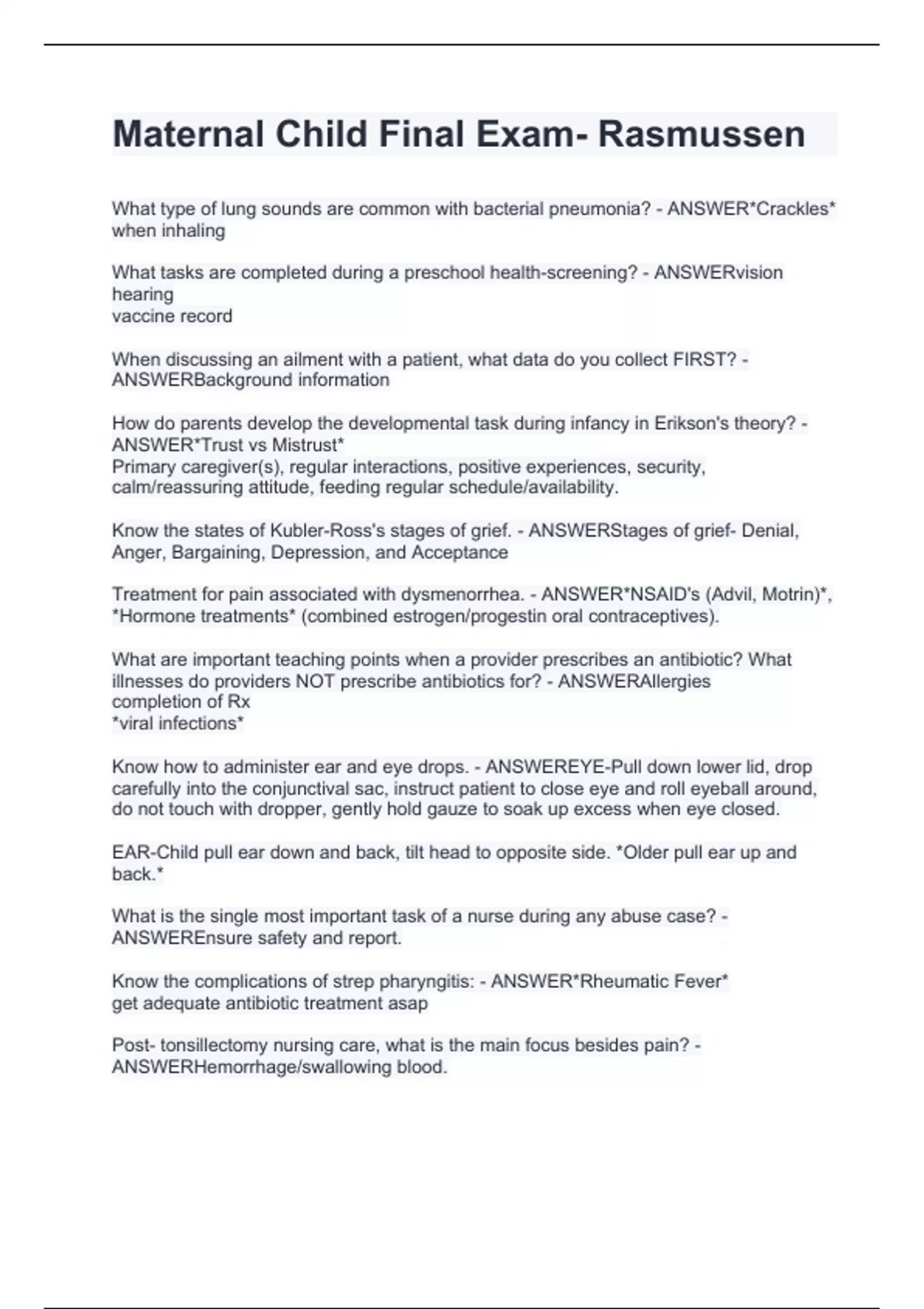 Maternal Child Final Exam- Rasmussen.Questions with answers 2024 all ...