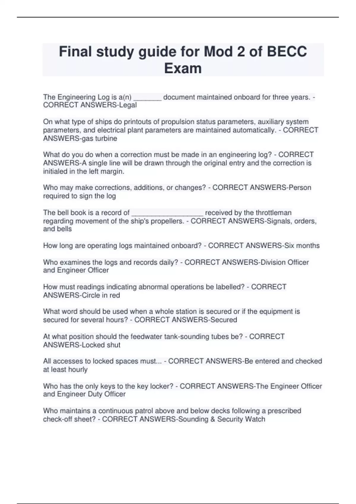 Final study guide for Mod 2 of BECC Exam - BECC - Stuvia US