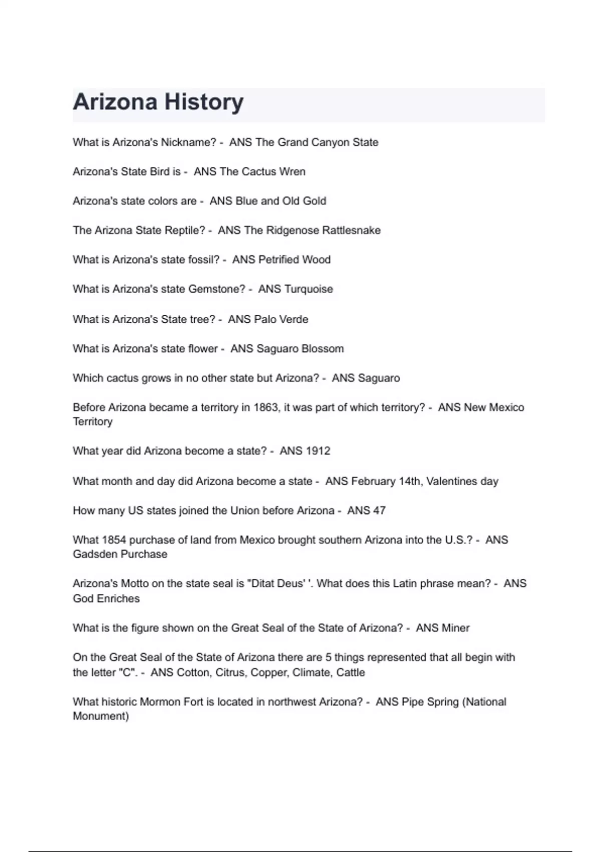 Arizona History Questions with correct Answers 2024 ( A+ GRADED 100% ...