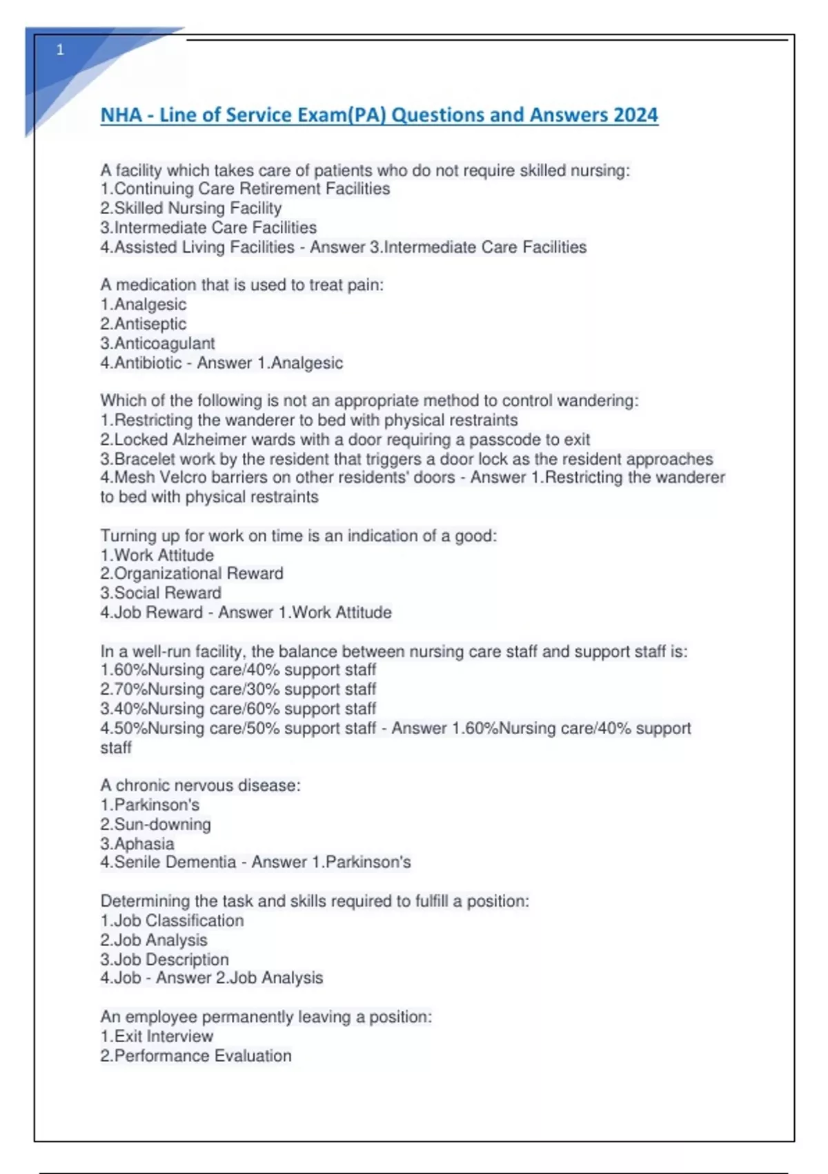NHA - Line of Service Exam(PA) Questions and Answers 2024 - NHA - Line ...