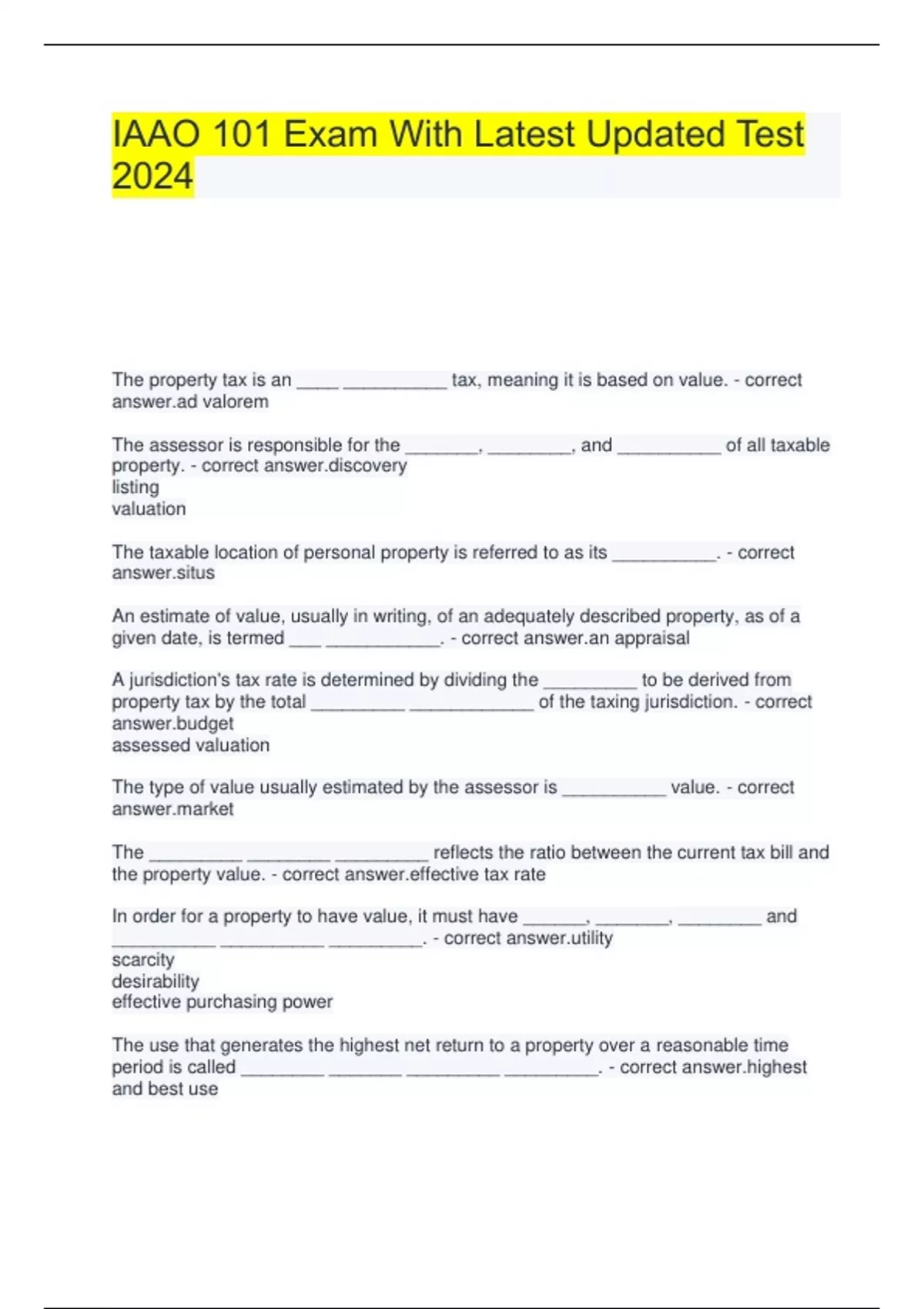 IAAO 101 Exam With Latest Updated Test 2024 - IAAO 101 - Stuvia US