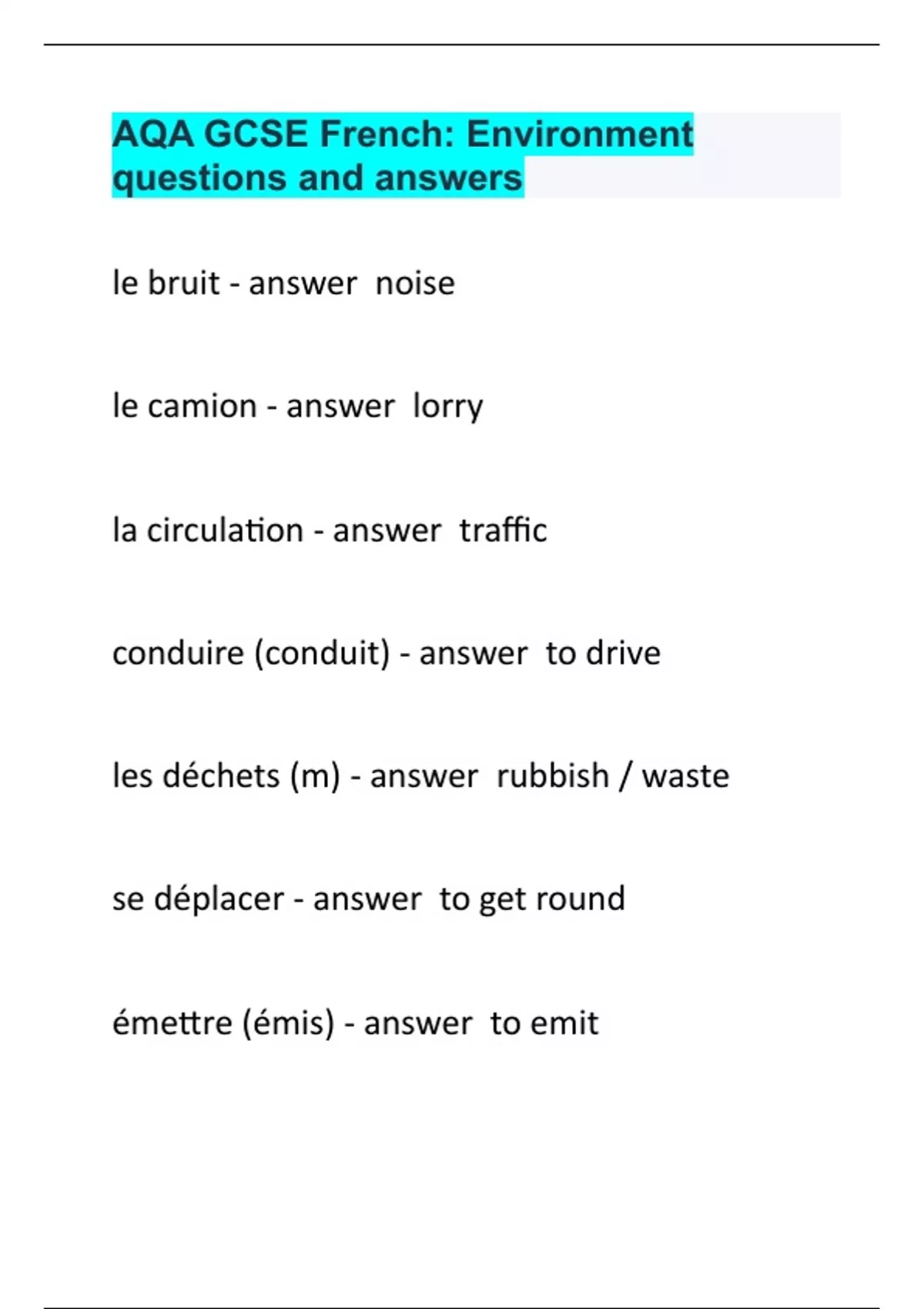 AQA GCSE French: Environment questions and answers - AQA GCSE - Stuvia US