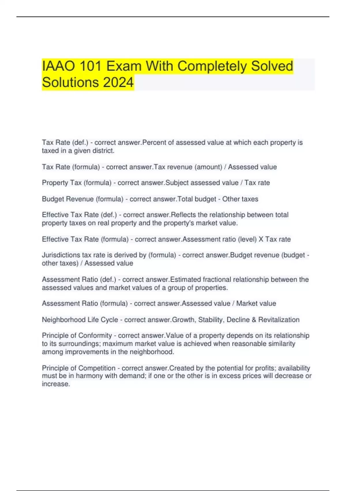 IAAO 101 Exam With Completely Solved Solutions 2024 - IAAO 101 - Stuvia US