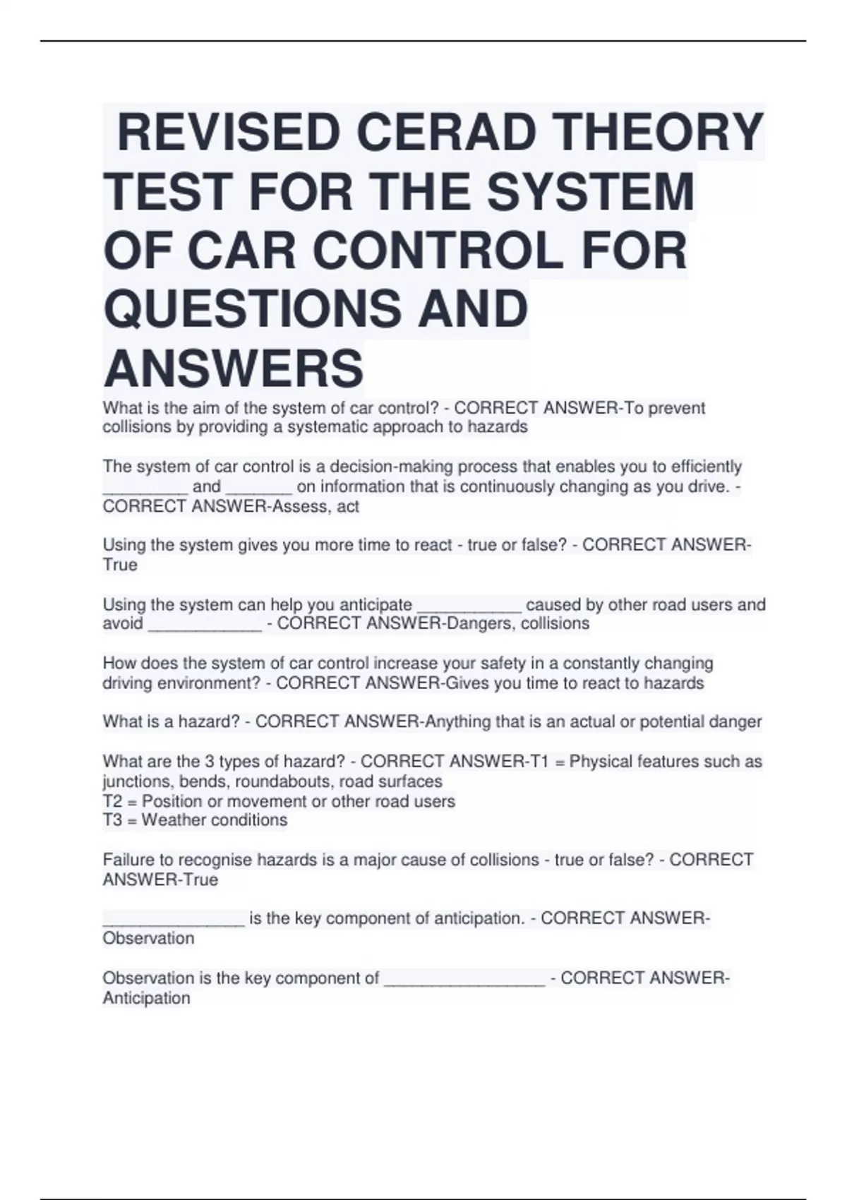 REVISED CERAD THEORY TEST FOR THE SYSTEM OF CAR CONTROL FOR QUESTIONS ...