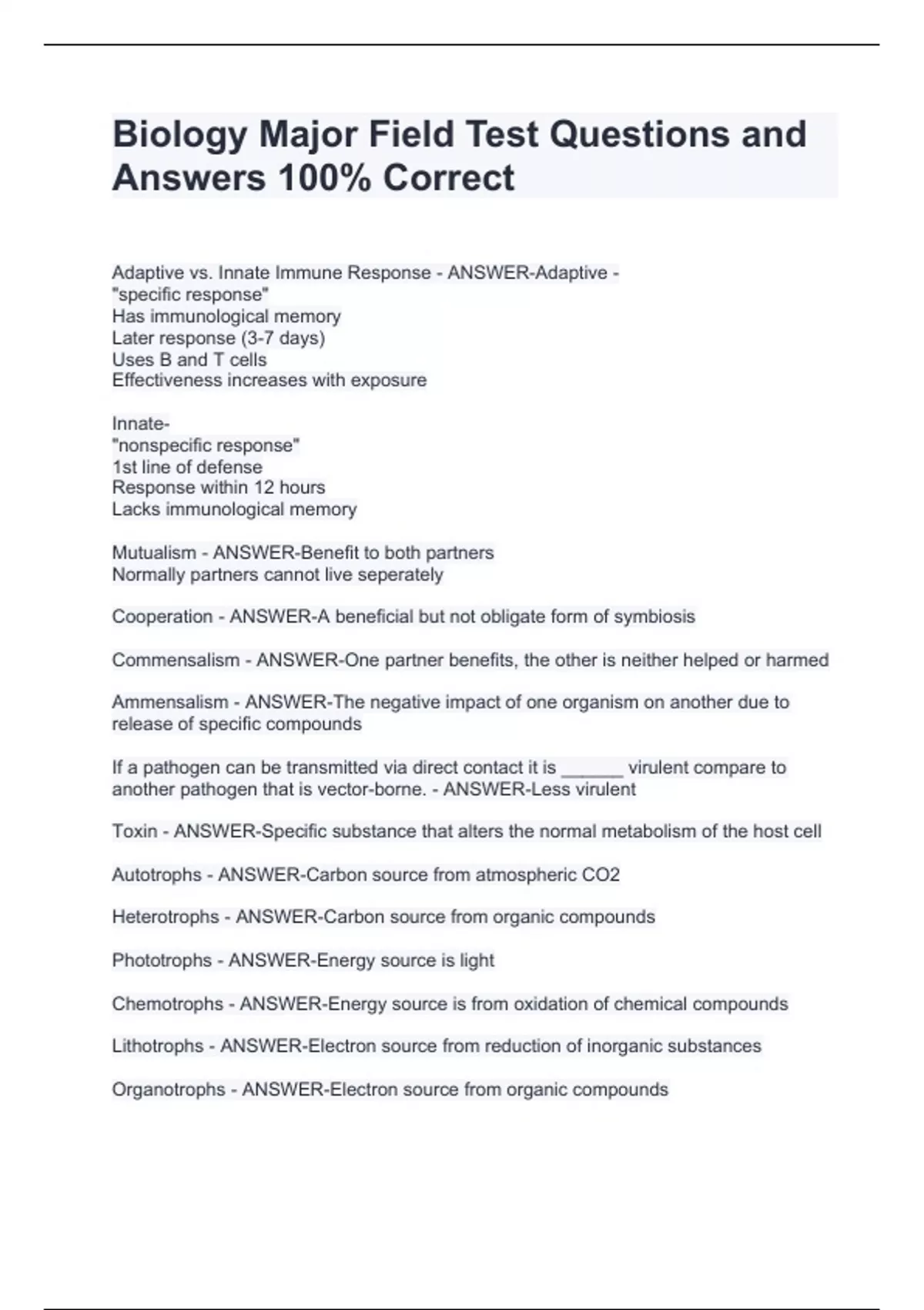 Biology Major Field Test Questions and Answers 100% Correct - Biology ...