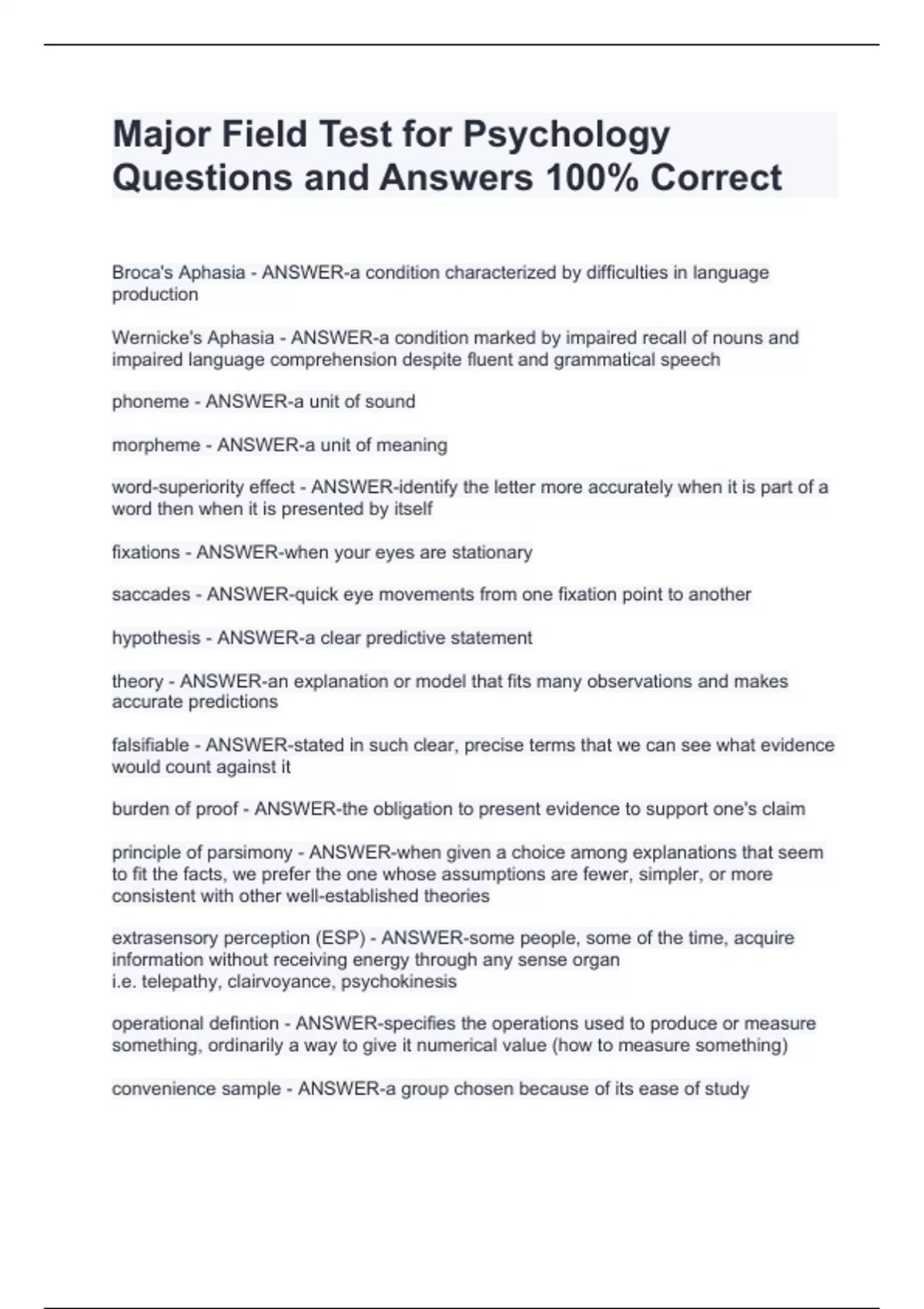 Major Field Test for Psychology Questions and Answers 100% Correct ...