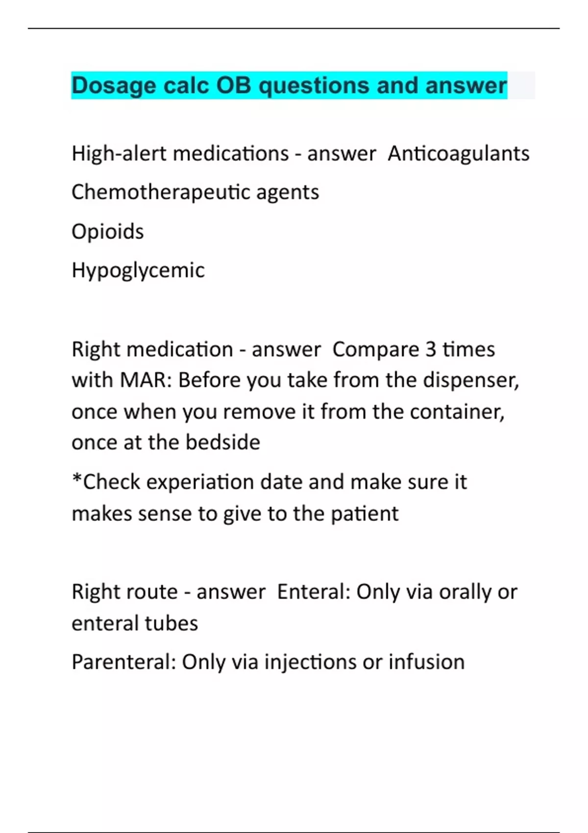 Dosage calc OB questions and answers - Dosage Calculation - Stuvia US
