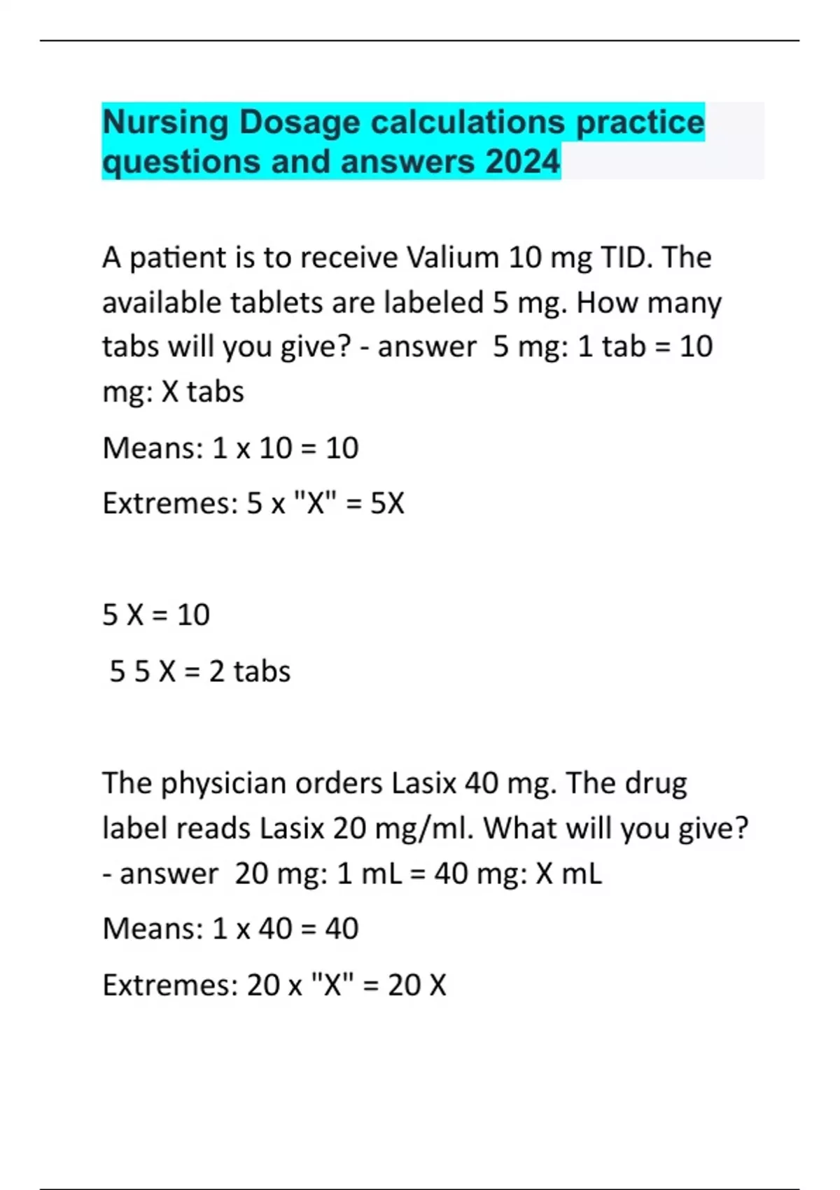 Nursing Dosage calculations practice questions and answers 2024 ...