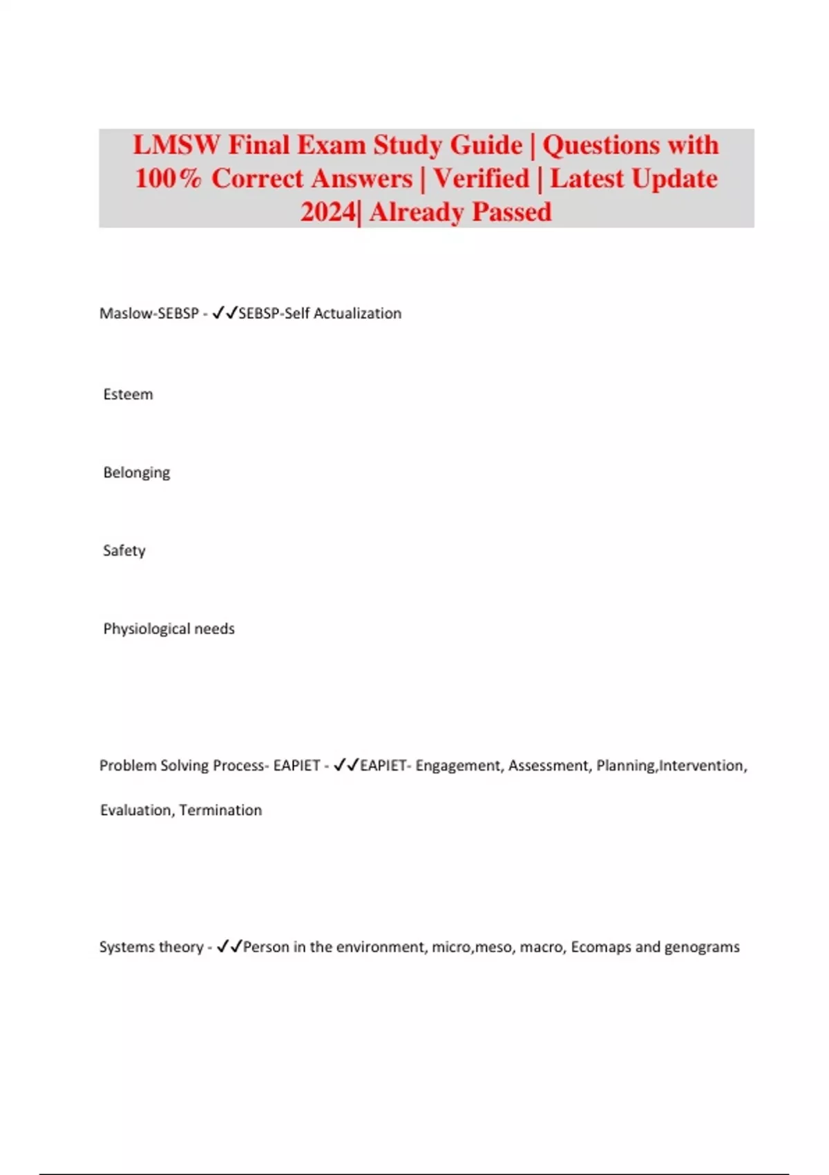 LMSW Final Exam Study Guide Questions with 100% Correct Answers ...