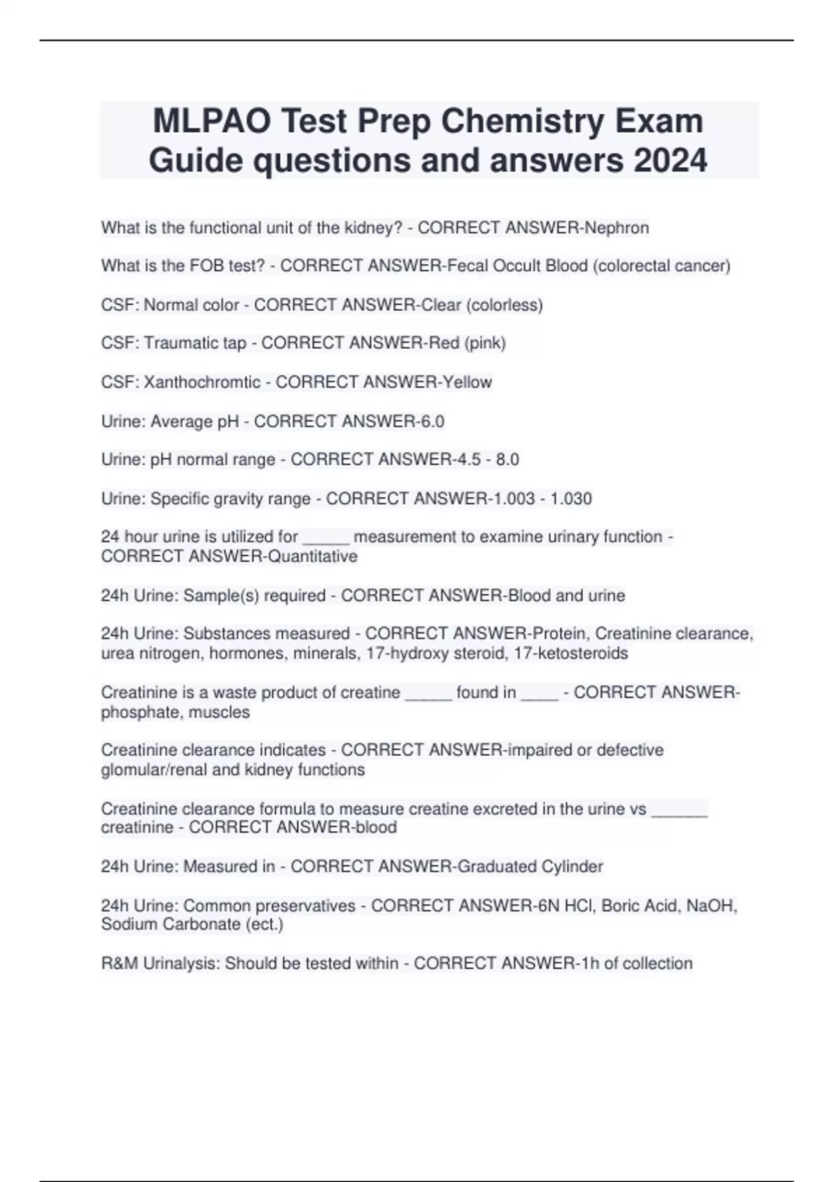 MLPAO Test Prep Chemistry Exam Guide questions and answers 2024 - MLPAO ...