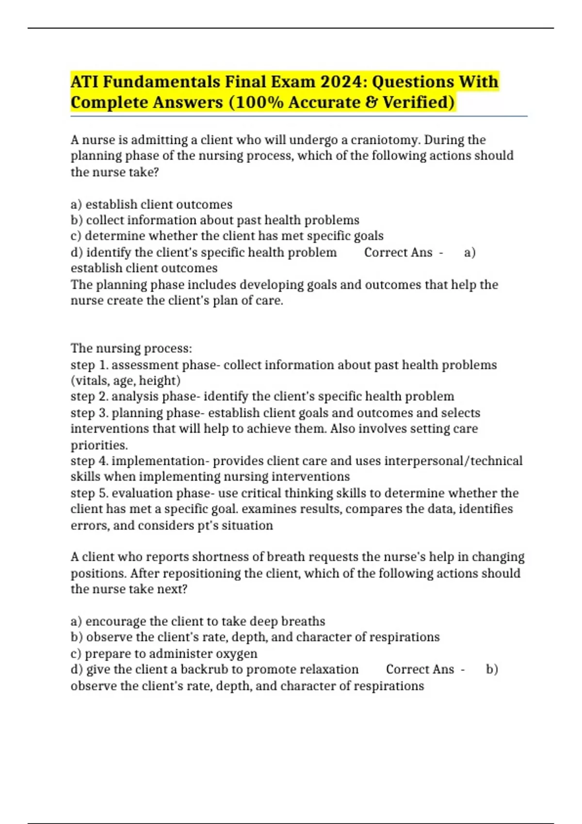 ATI Fundamentals Final Exam 2024: Questions With Complete Answers (100% Accurate & Verified ...