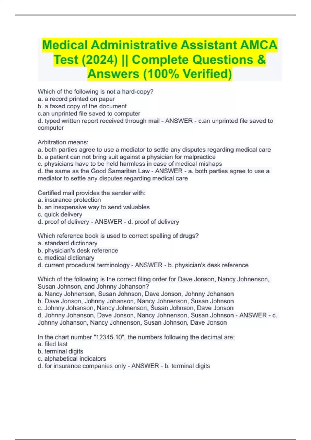 Medical Administrative Assistant AMCA Test (2024) || Complete Questions ...