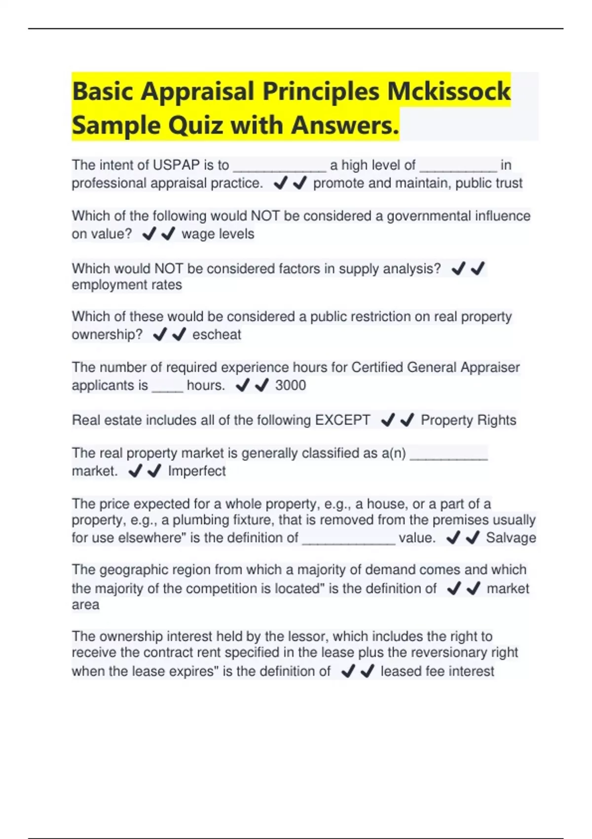 Basic Appraisal Principles Mckissock Sample Quiz with Answers |Latest ...