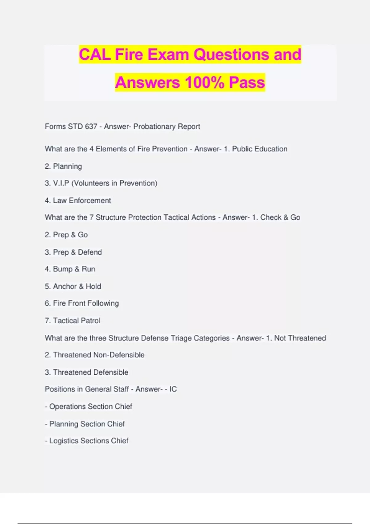 CAL Fire Exam Questions and Answers 100% Pass - CAL FIRE - Stuvia US