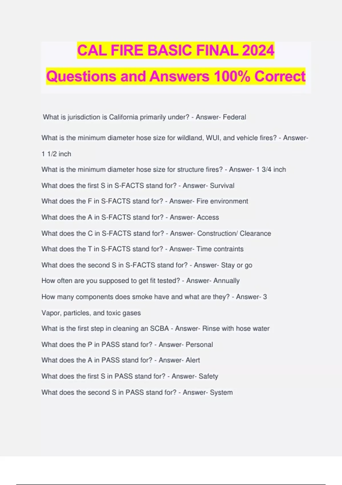 CAL FIRE BASIC FINAL 2024 Questions and Answers 100% Correc - CAL FIRE ...