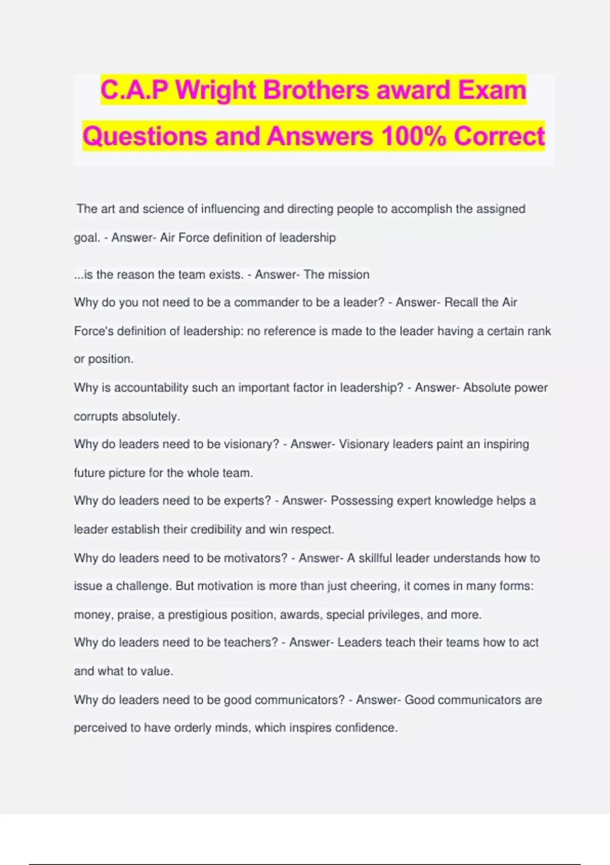 C.A.P Wright Brothers award Exam Questions and Answers 100% Correct ...