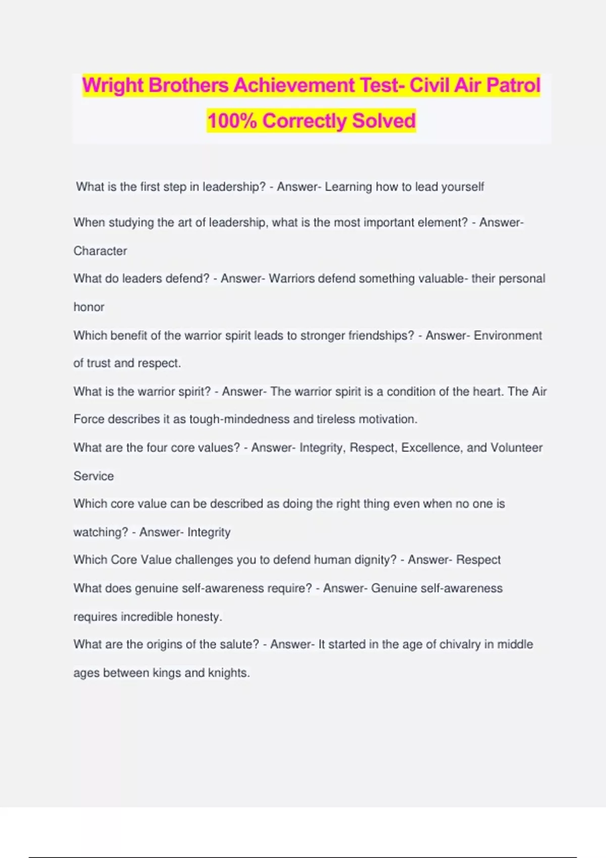 Wright Brothers Achievement Test- Civil Air Patrol 100% Correctly ...