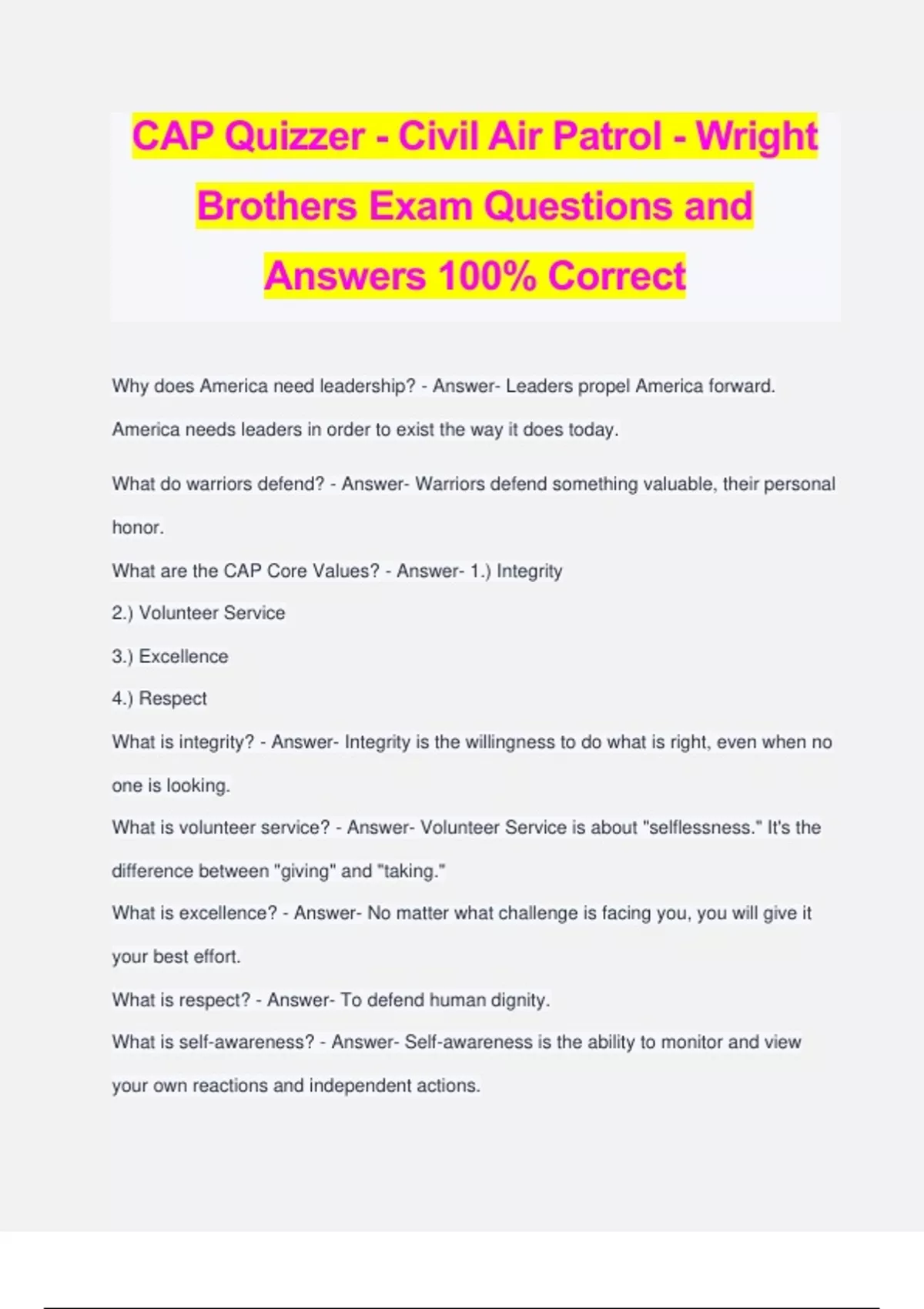 CAP Quizzer - Civil Air Patrol - Wright Brothers Exam Questions and Answers 100% Correct - CAP ...