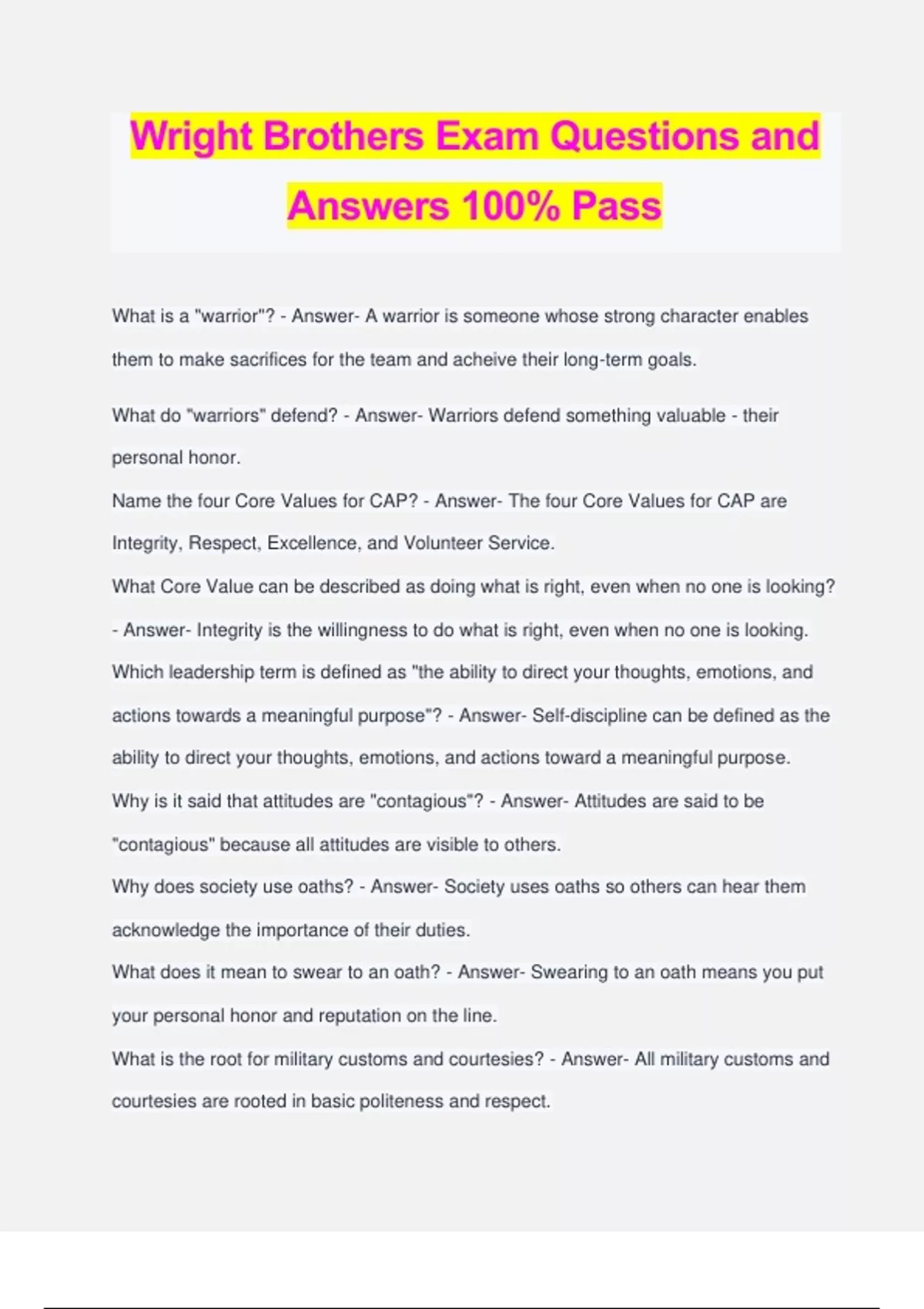 Wright Brothers Exam Questions and Answers 100% Pass - CAP - Civil Air ...