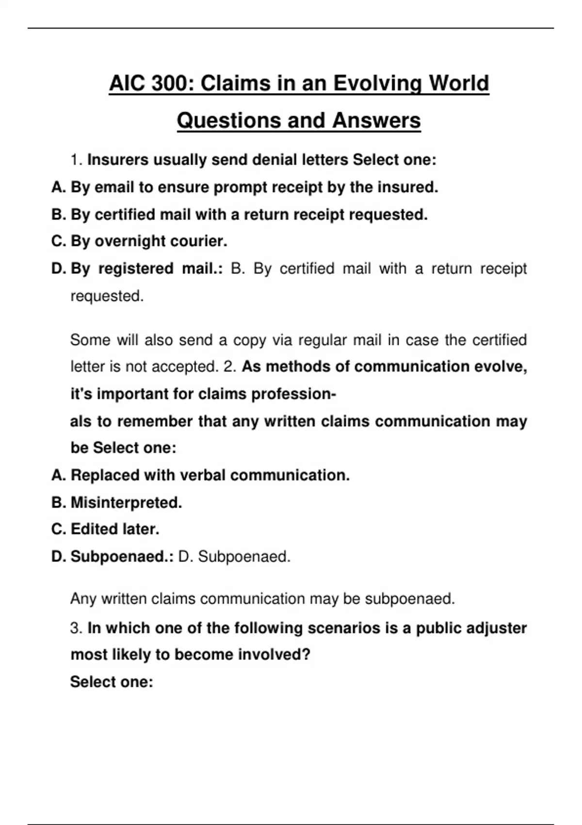 AIC 300: Claims in an Evolving World Questions and Answers LATEST ...