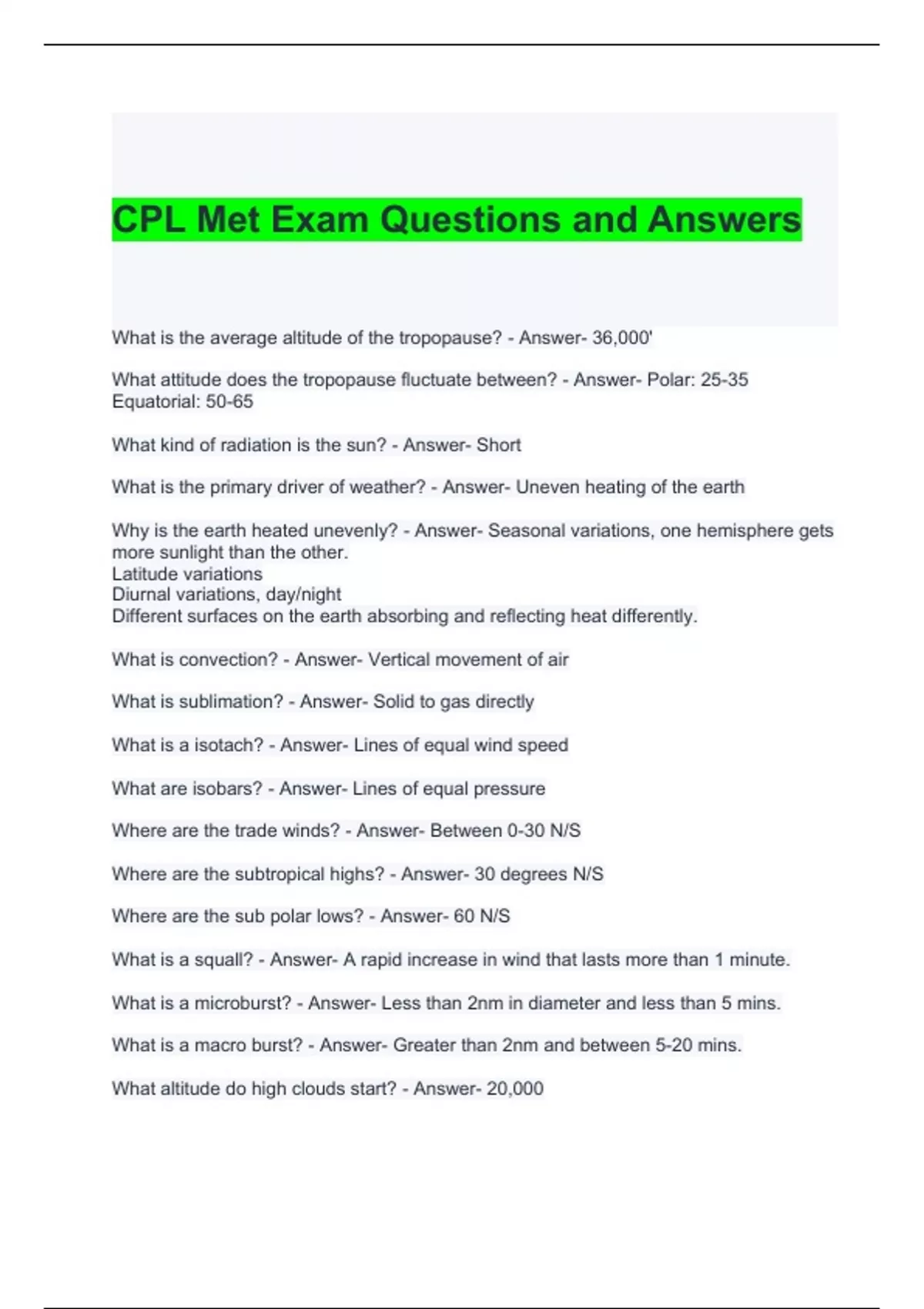 CPL Met Exam Questions and Answers 100% correct - METEOROLOGY - CAAP ...