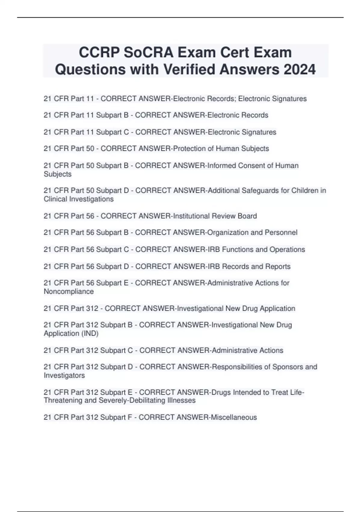 CCRP SoCRA Exam Cert Exam Questions with Verified Answers 2024 - CCRP ...