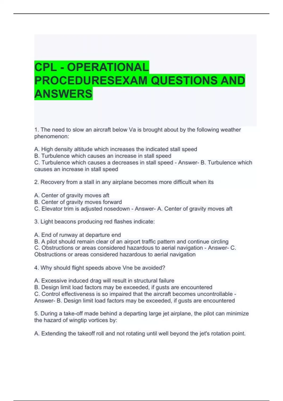 CPL - OPERATIONAL PROCEDURESEXAM QUESTIONS AND ANSWERS 2024 ...