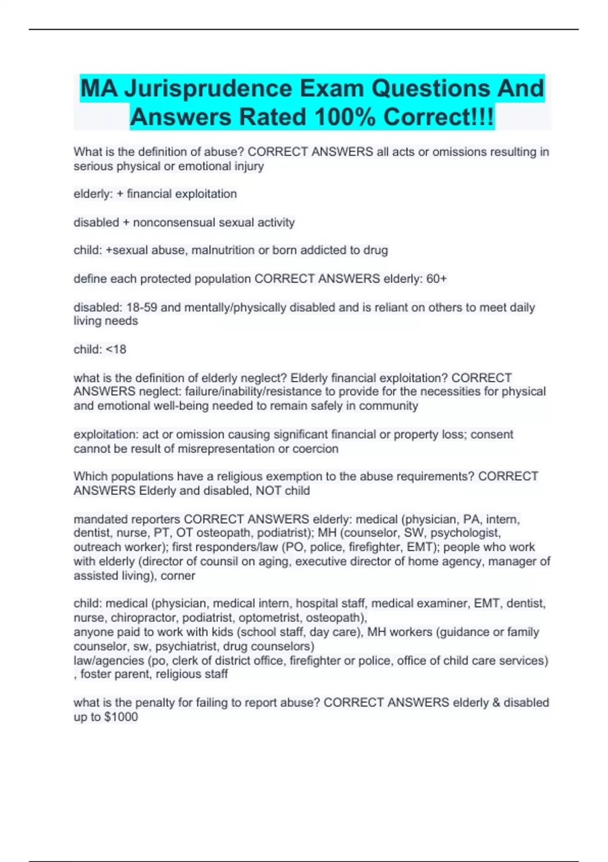 MA Jurisprudence Exam Questions And Answers Rated 100% Correct ...