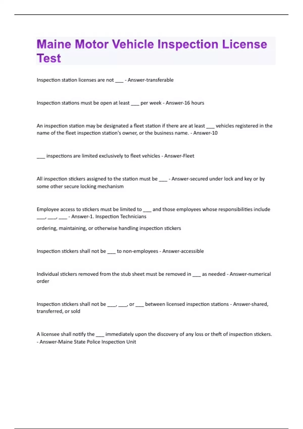 Maine Motor Vehicle Inspection License Test Questions and Answers(A+ ...