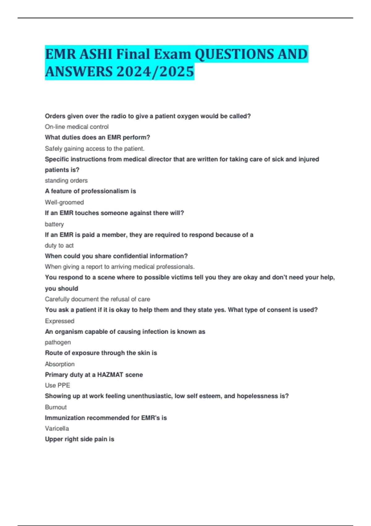 EMR ASHI Final Exam QUESTIONS AND ANSWERS 2024/2025 - EMR ASHI - Stuvia US