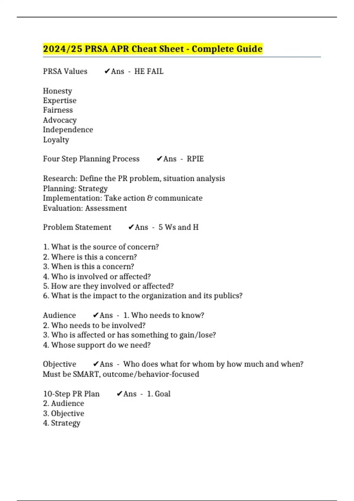 2024/25 PRSA APR Cheat Sheet - Complete Guide - PRSA APR - Stuvia US