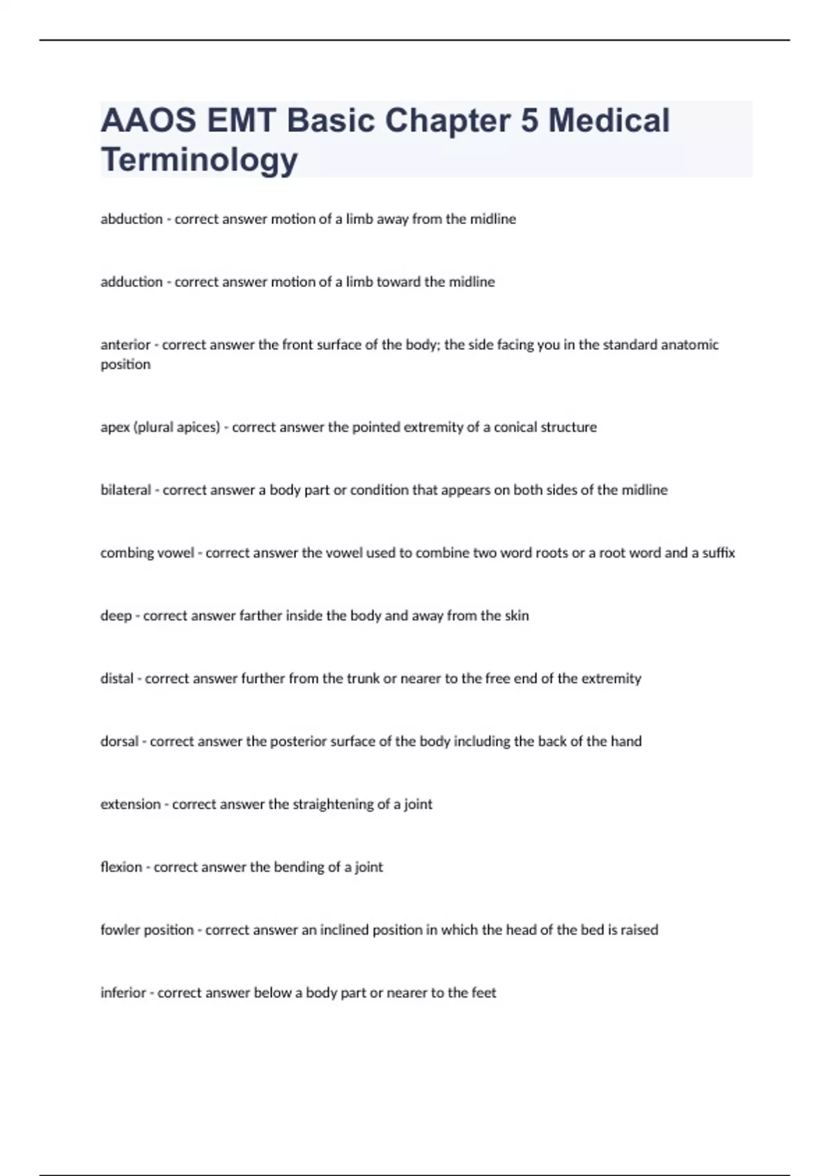 AAOS EMT Basic Chapter 5 Medical Terminology Questions with complete ...