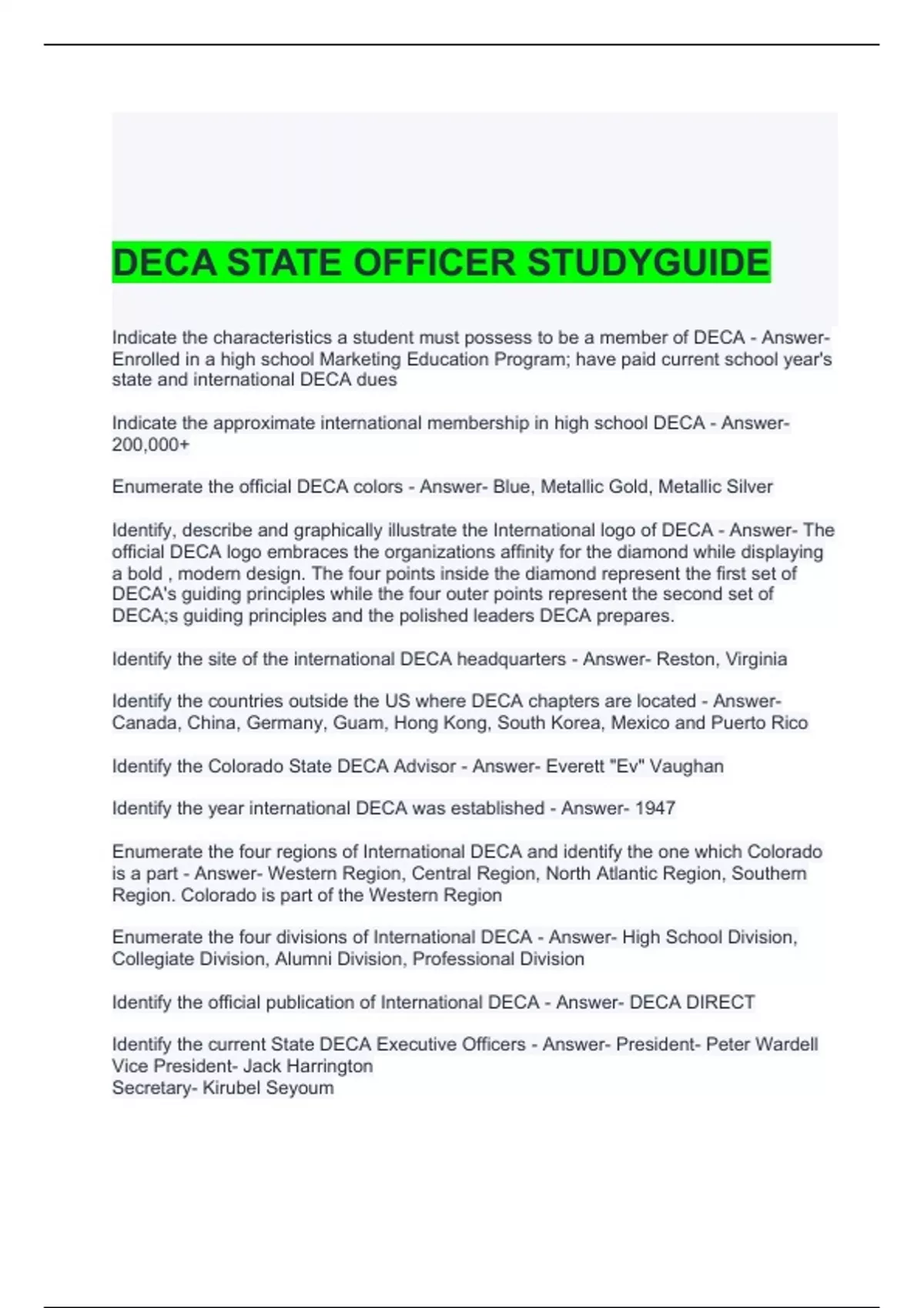DECA STATE OFFICER STUDYGUIDE 2024 with complete solutions - DECA State Officer - Stuvia US