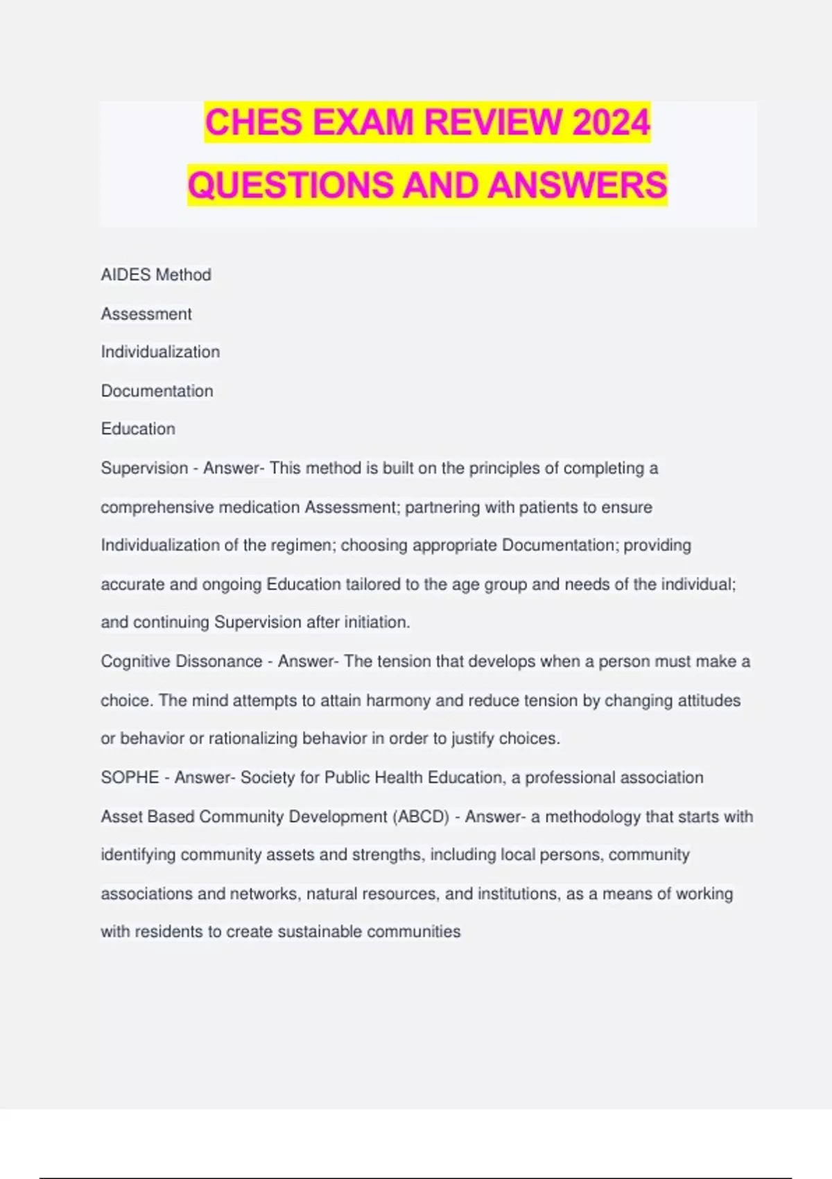 CHES EXAM REVIEW 2024 QUESTIONS AND ANSWERS - Ches - Stuvia US