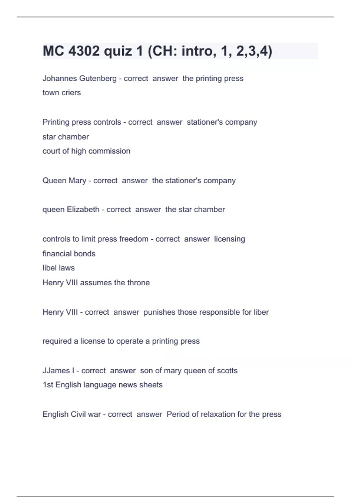 MC 4302 quiz 1 University Of Florida - Questions with complete solution - MMC4302 - Stuvia US