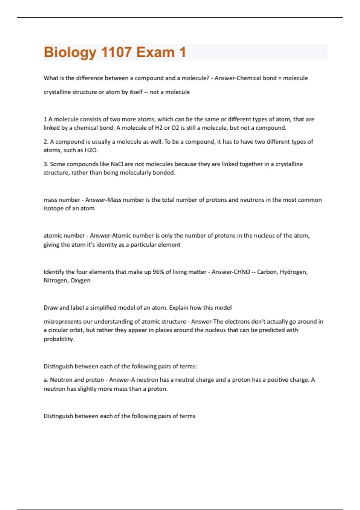 Biology 1107 Exam 1 Complete Questions And Answers - Biology 1107 ...