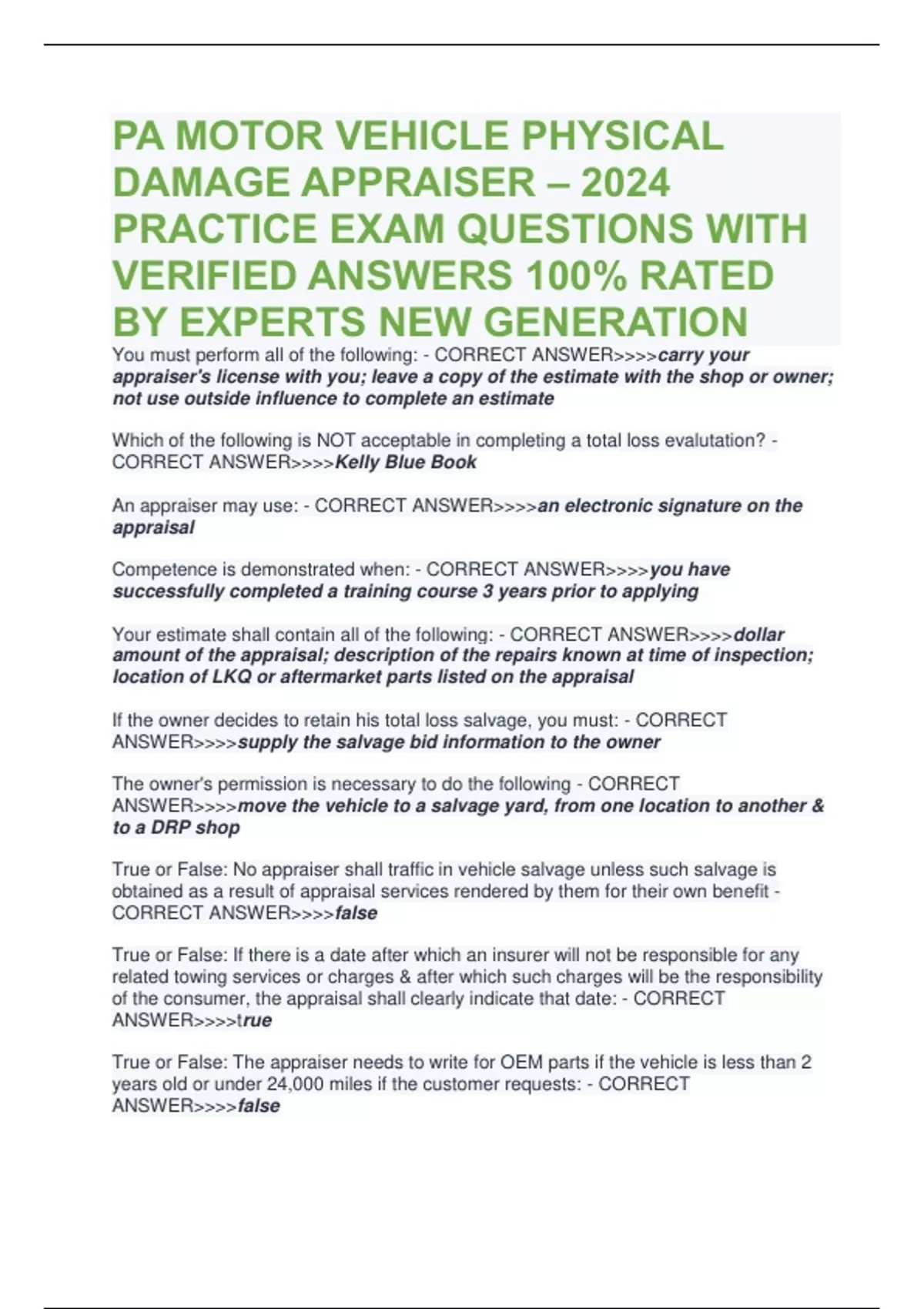 PA MOTOR VEHICLE PHYSICAL DAMAGE APPRAISER – 2024 PRACTICE EXAM ...