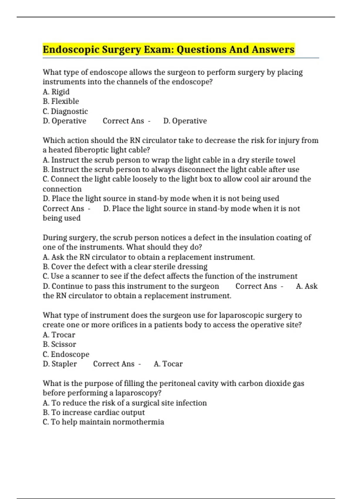 Endoscopic Surgery Exam: Questions And Answers - FES - Stuvia US