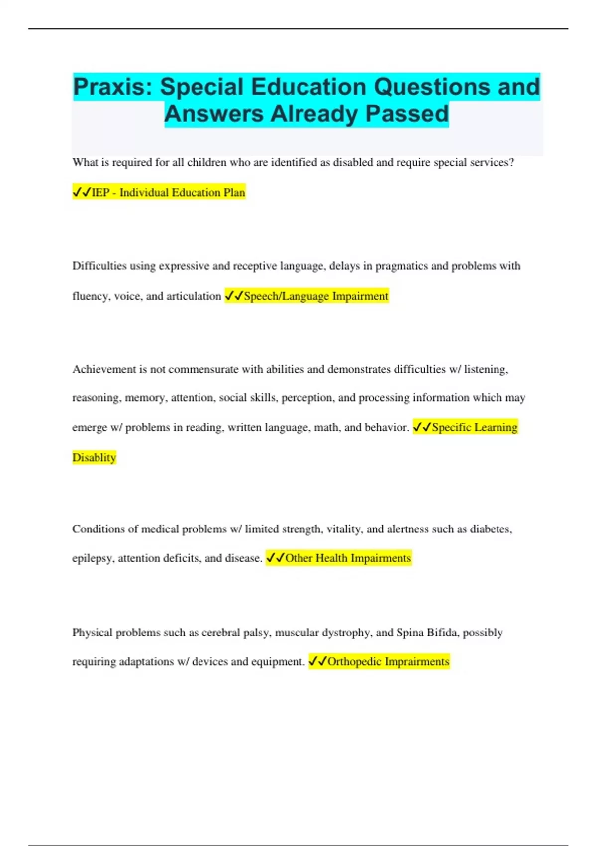 SPED Praxis 5354 Bundled Exams Questions and Answers Multiple Versions ...