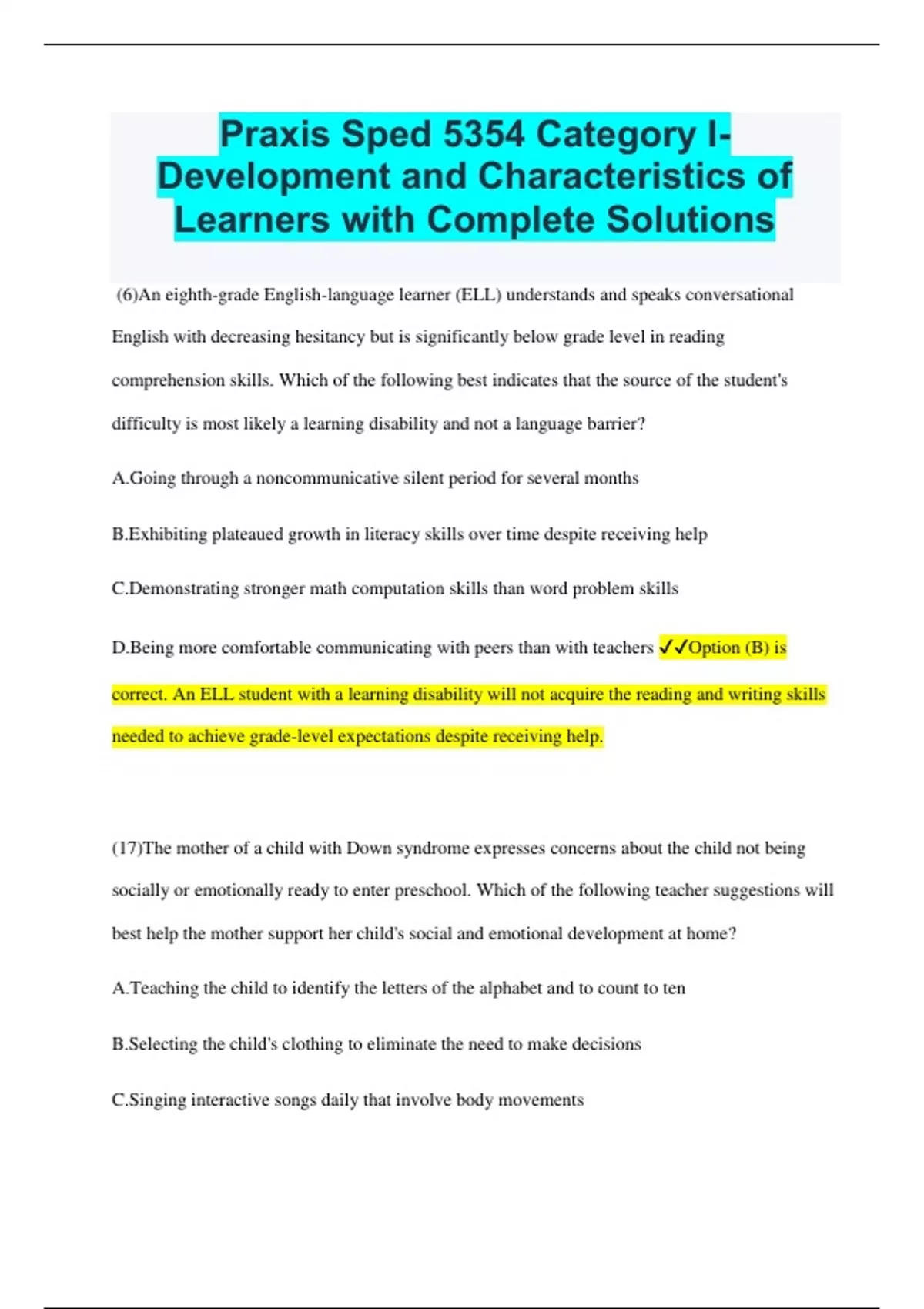 Praxis Sped 5354 Category I- Development and Characteristics of ...