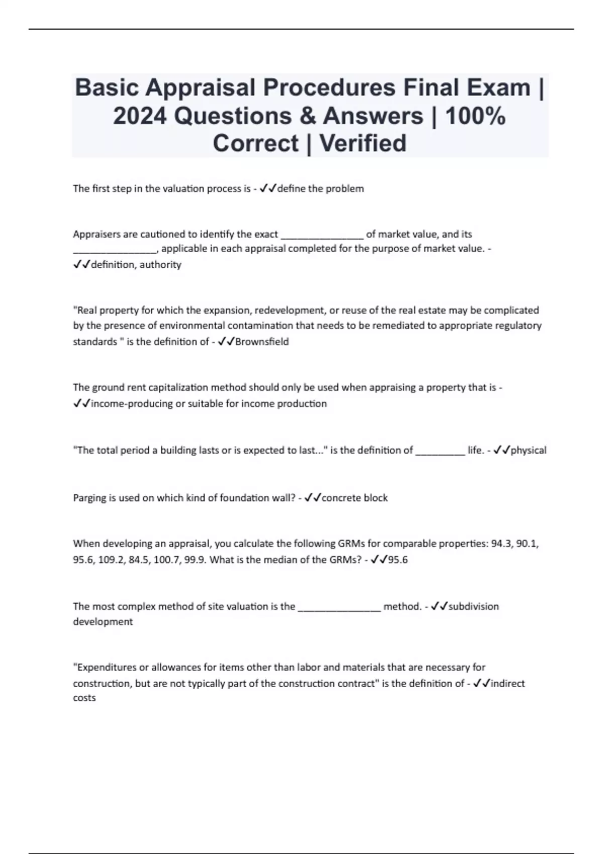 Basic Appraisal Procedures Final Exam | 2024 Questions & Answers | 100% ...