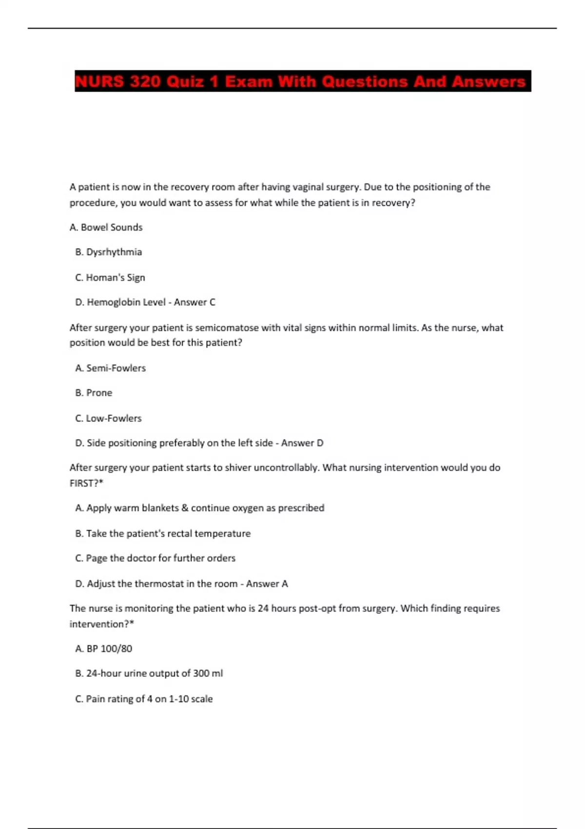 NURS 320 Quiz 1 Exam With Questions And Answers - NURS 320 - Stuvia US